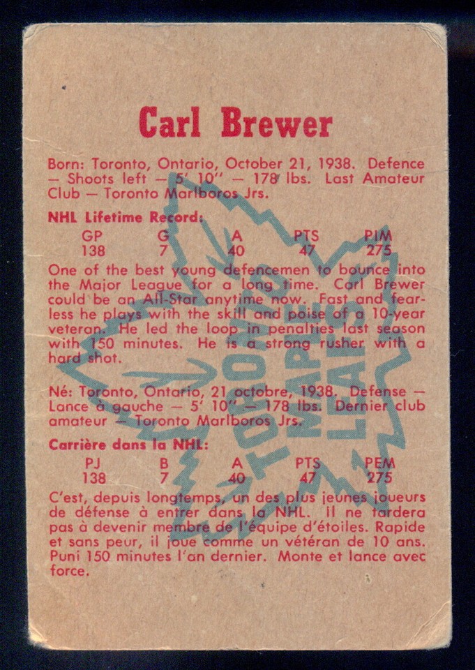 1960-61 PARKHURST NHL HOCKEY #18 Carl Brewer VG-EX Toronto Maple Leafs ...