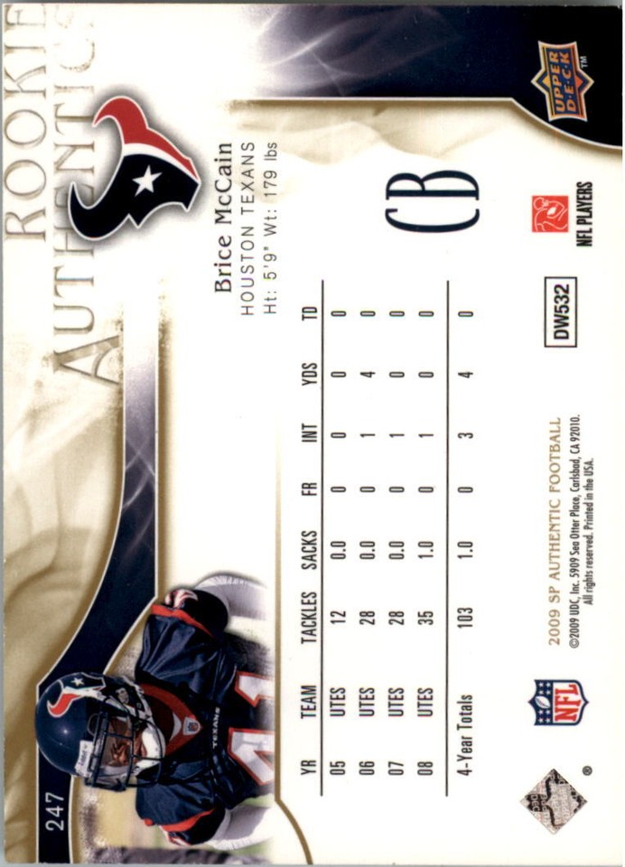 2009 SP Authentic Gold #247 Brice McCain TEXANS #d 45/50 - NM-MT | eBay