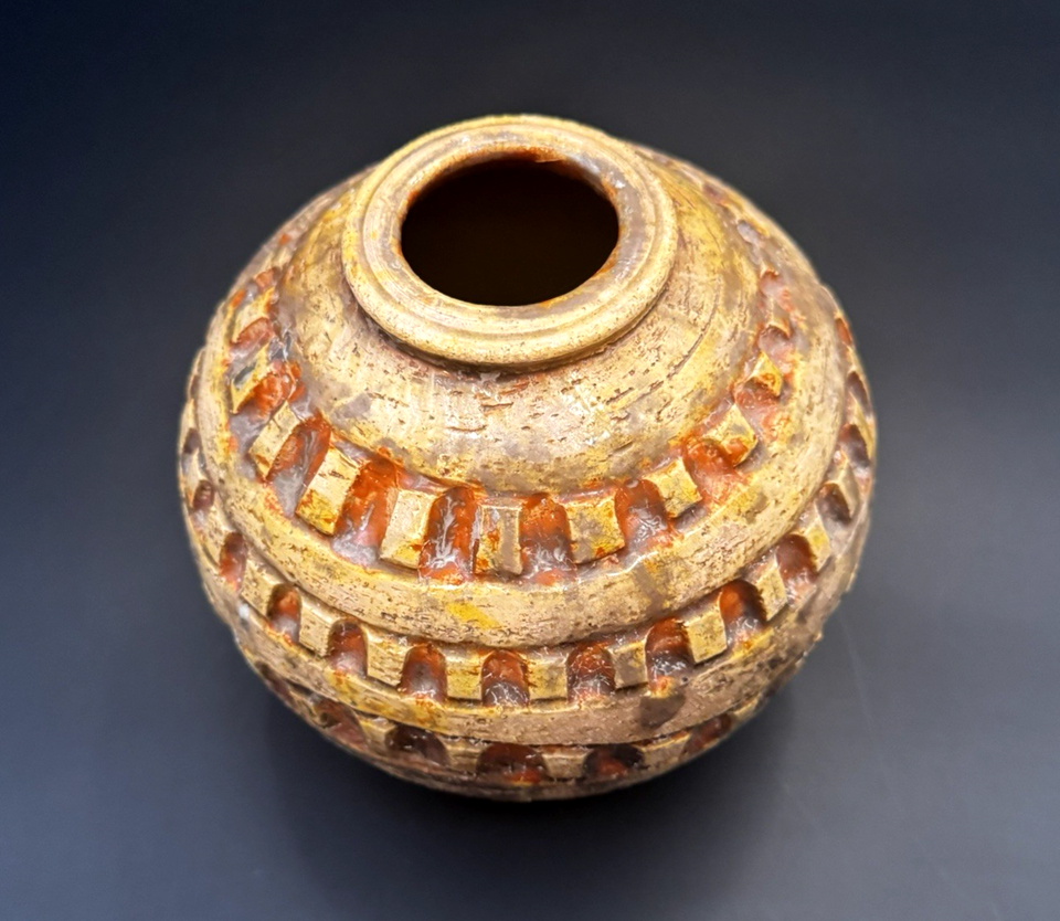 MCM Raku Art Pottery Vase Vessel Signed Ball Round Geometric Design ...