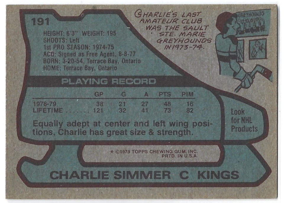 Charlie Simmer-Los Angeles Kings-1979-80 Topps Hockey ROOKIE Card #191 ...