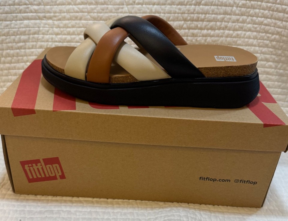 FITFLOP GEN FF PADDED STRAP LEATHER SLIDES LATE BEIGE & BLACK MIX SIZE ...