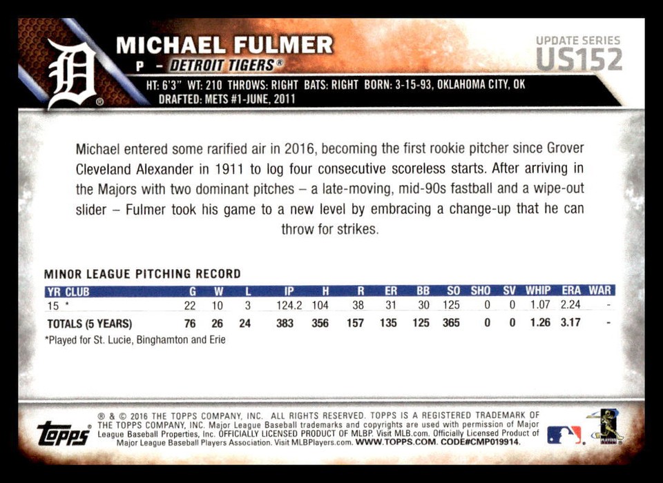 2016 Topps Update Michael Fulmer #US152 Detroit Tigers Baseball Card | eBay