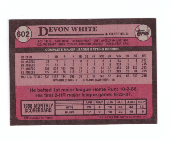 1989 Topps Baseball card #602 Devon White Angels | eBay