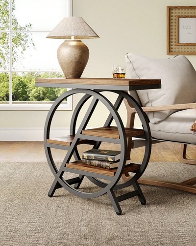 【FBE】 4-Tier Industrial End Table - Wood/Metal, Narrow Storage | eBay