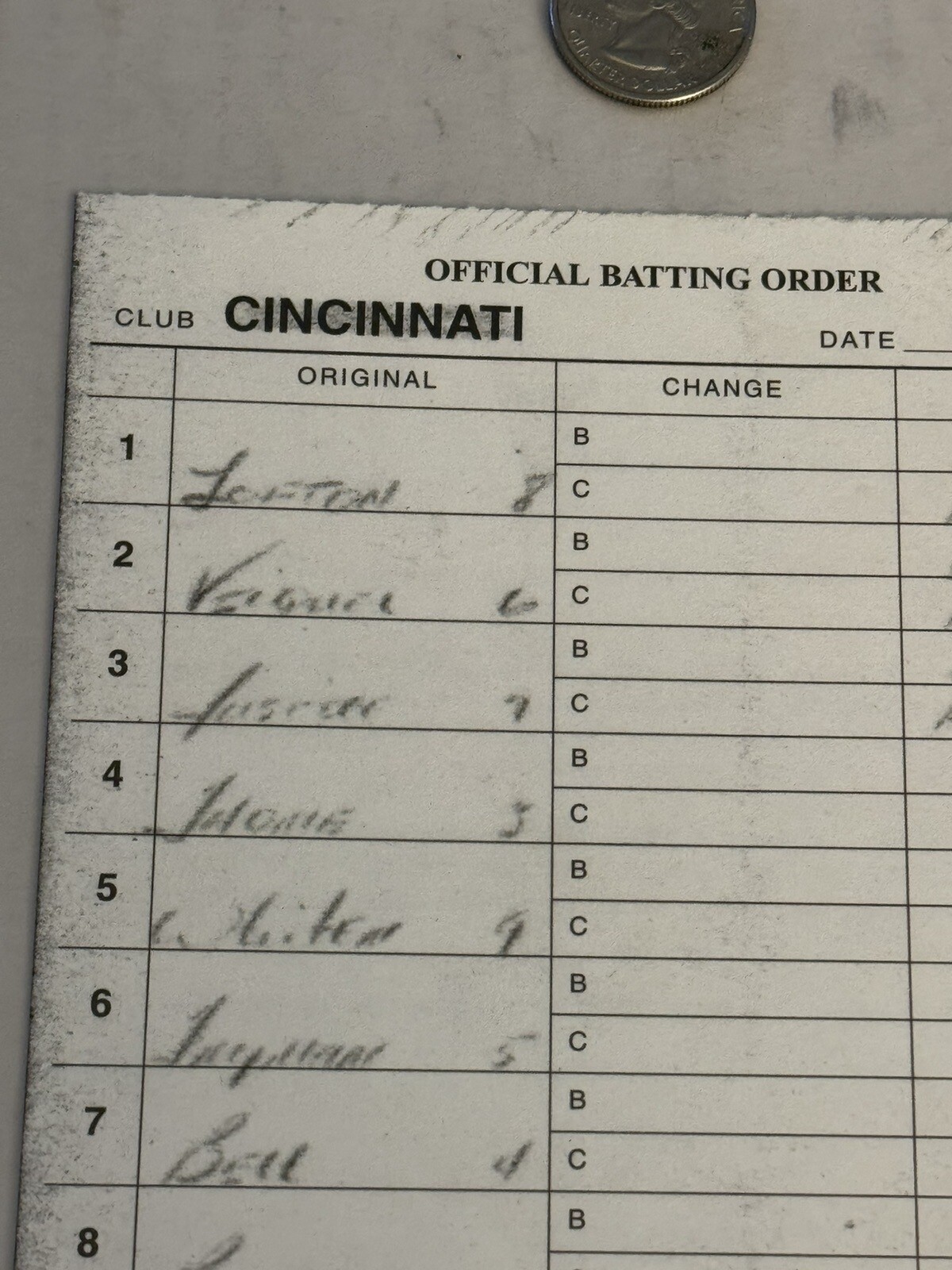 Cincinnati Reds Cleveland Indians Game Used Official Batting Order ...