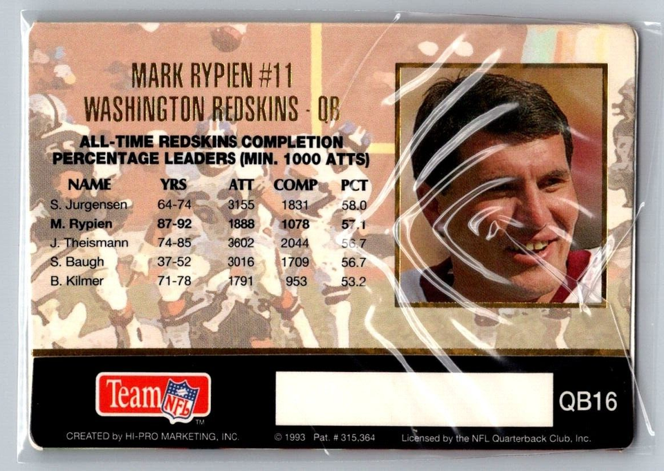 1993 Action Packed Quarterback Club Redskins Football Card #QB16 Mark ...