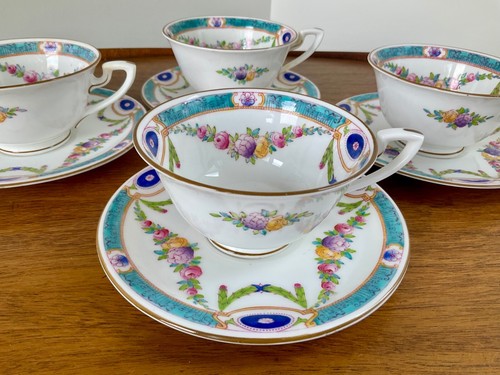 Royal Worcester PURITAN Cups & Saucers ~ Set of 4 ~ Turquoise Trim ...