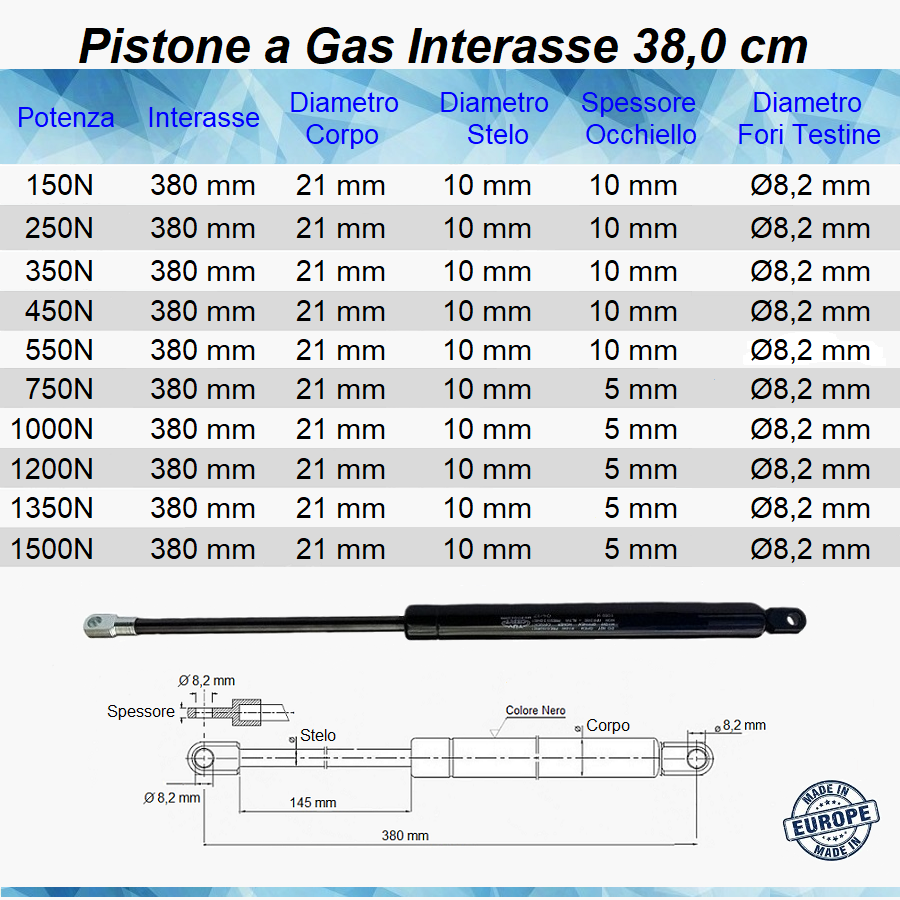 1 PISTONE A GAS MOLLA PER LETTO CONTENITORE - 24 TIPI DI INTERASSE A ...