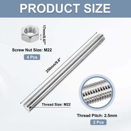 Fully Threaded Rod M22 x 250 2.5mm Pitch 304 Stainless Steel with Screw ...