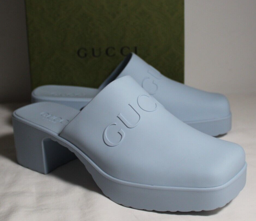 NWB Gucci Logo Rubber Clogs Mules Slip Ons Light Blue 37 725899 | eBay