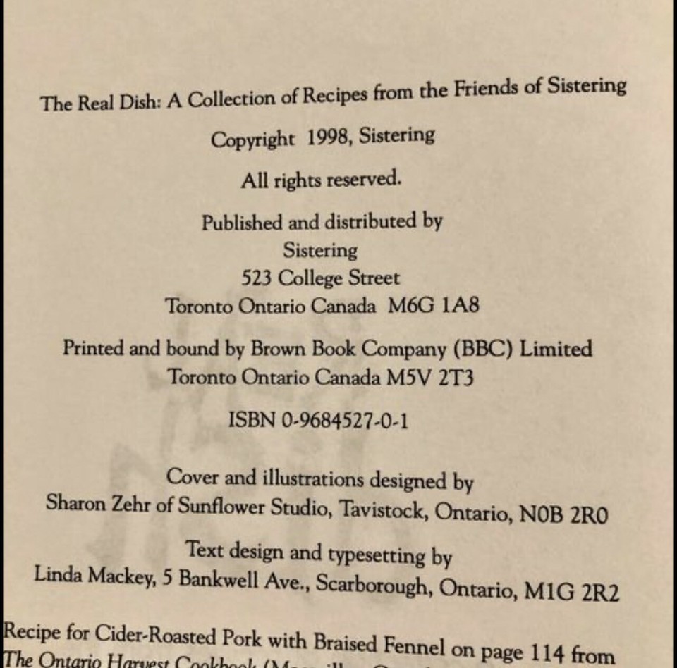 The Real Dish Cookbook Collection Friends of Sistering Toronto Canada ...