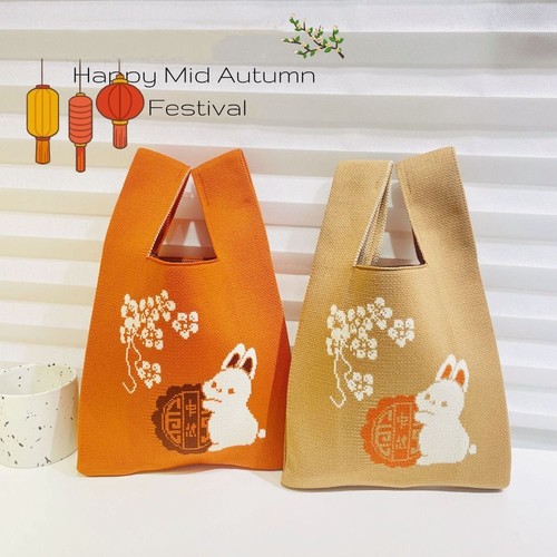 Cartoon Knot Wrist Bag Moon Rabbit Tote Bag Handmade Knit Handbag ...