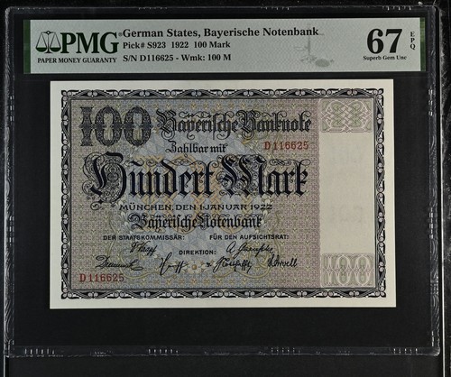 Germany 100 Mark 1922 P S923 Superb Gem UNC PMG 67 EPQ | eBay
