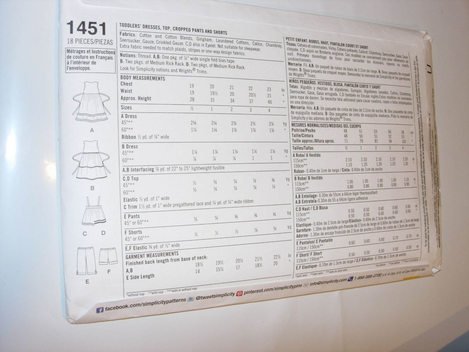 GIRL CHILD CUT SIMPLICITY 1451 SEWING PATTERN DRESS TOP SHORTS PANTS ...