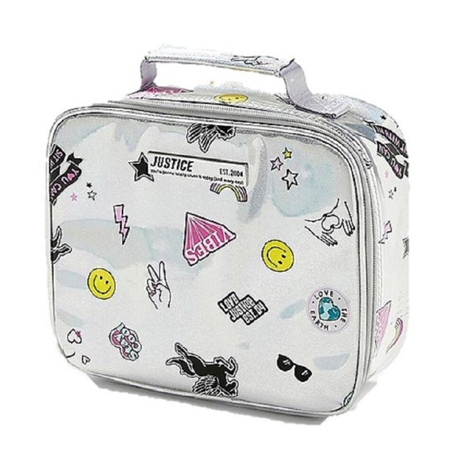 Justice Backpack, Lunch Box and Detachable Pencil Case Silver Stickers ...
