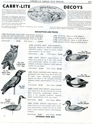 1945 Print Ad of Carry-Lite Hunting Decoy Owl Mallard Pintail Drake ...