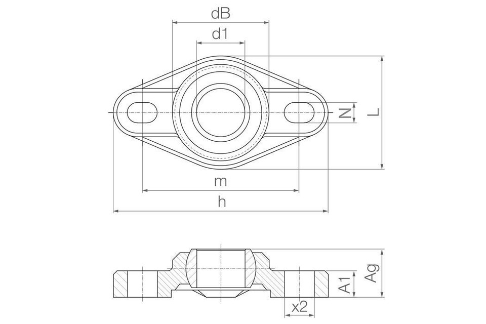 Flanschlager, 2 Befestigungslöcher: EFOM-25 / d1= 25mm / N= 8,4mm / dB ...