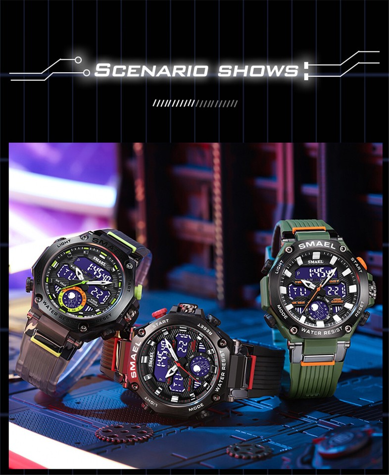 SMAEL Brand Men Digital LED Watch Dual Time Gold Watches Rubber ...