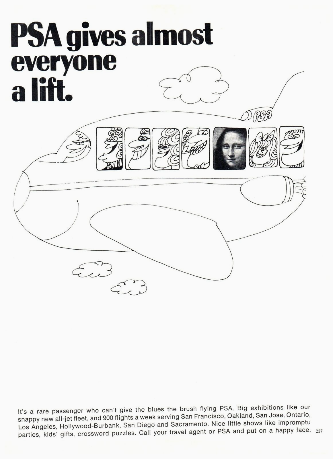 1969 PSA Airlines Mona Lisa Vintage Print Ad Cartoon Style Gives ...
