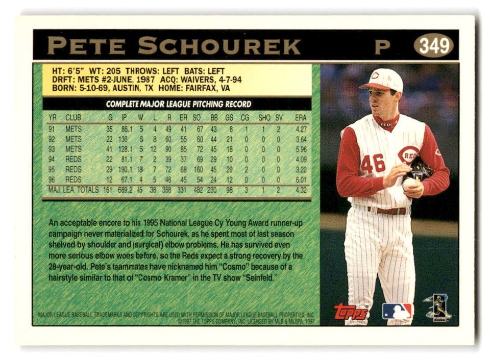 Pete Schourek 1997 Topps #349 Cincinnati Reds BASEBALL | eBay