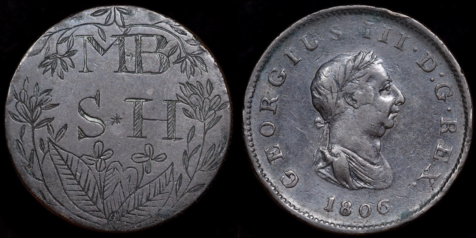 A Georgian Love Token, Engraved Halfpenny, MB & SH, 1806. Flower Border ...