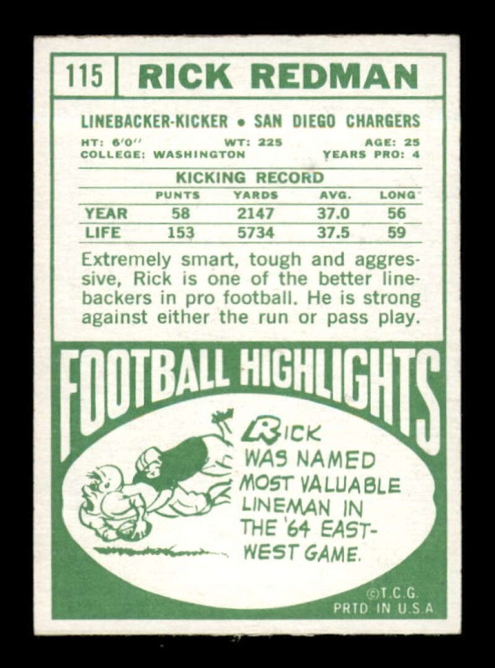 1968 Topps #115 Rick Redman EXMT/EXMT+ Chargers 563093 | eBay