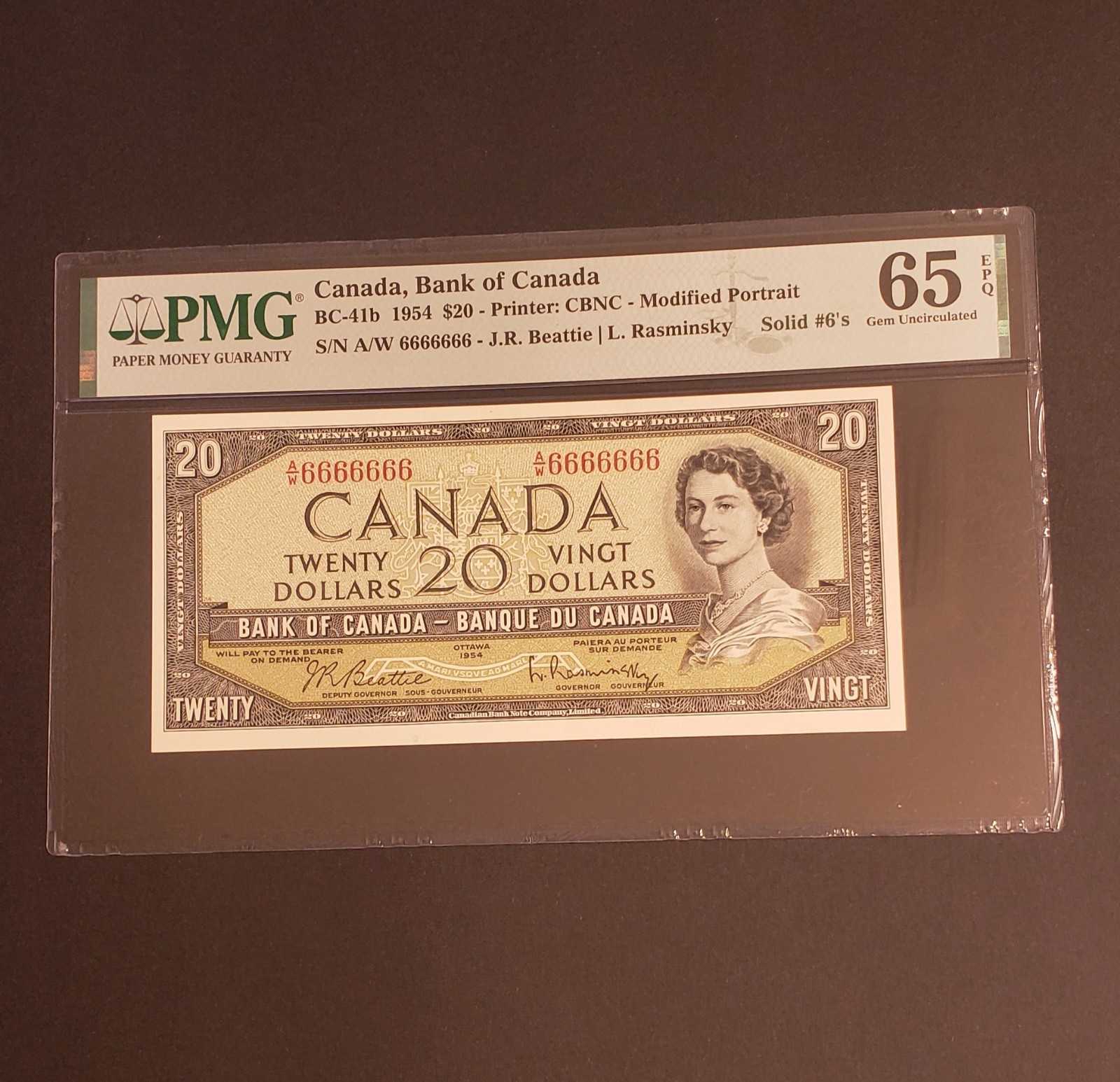 VERY RARE GEM UNC-65 SOLID SERIAL # BANKNOTE. 1954 Bank of Canada $20 ...