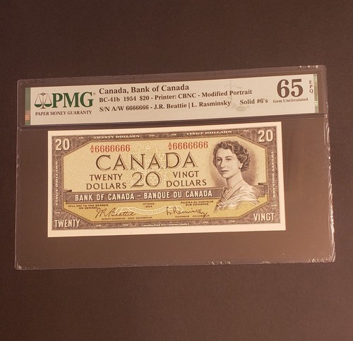 VERY RARE GEM UNC-65 SOLID SERIAL # BANKNOTE. 1954 Bank of Canada $20 ...