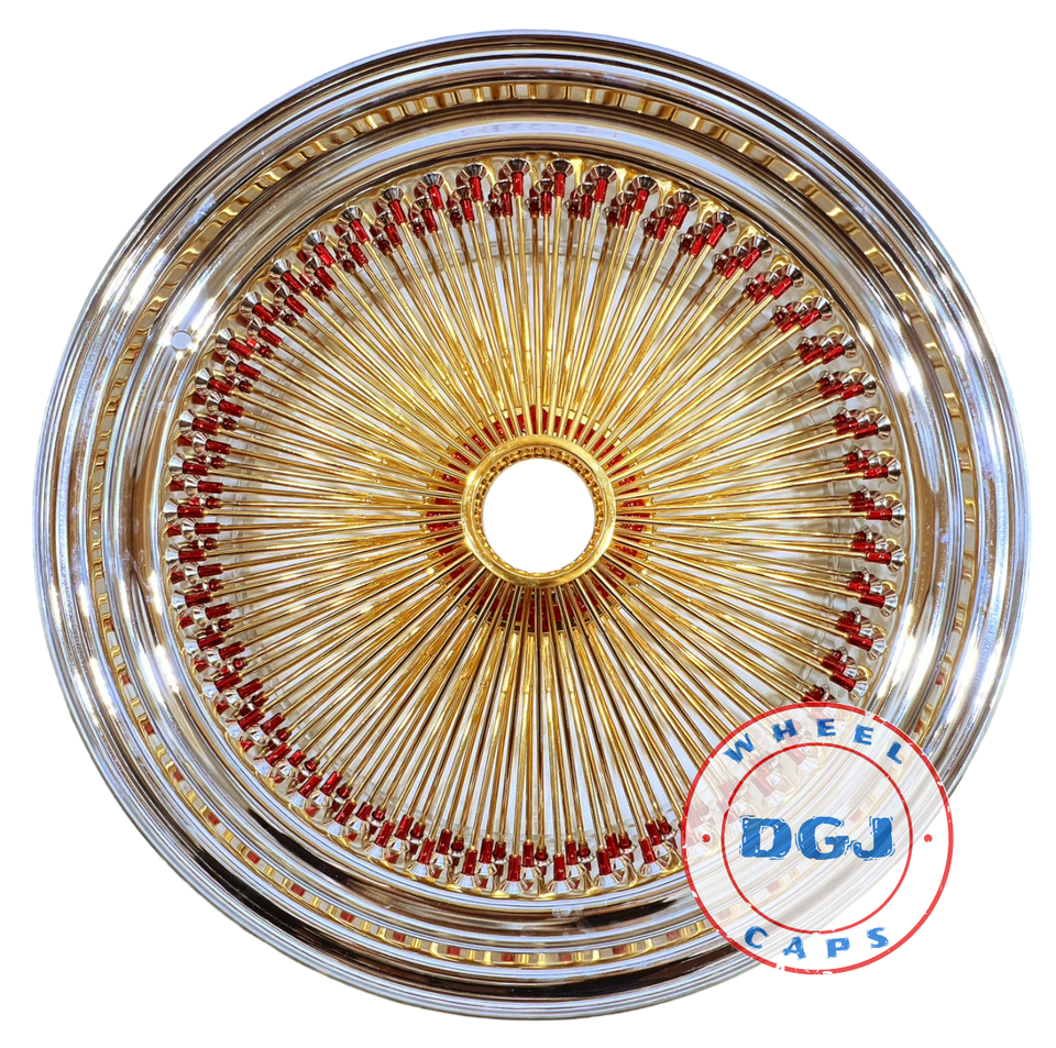 DGJ WHEELS 22x8 STD 150 Spokes Candy Red & Gold Lowrider Wire Wheel ...