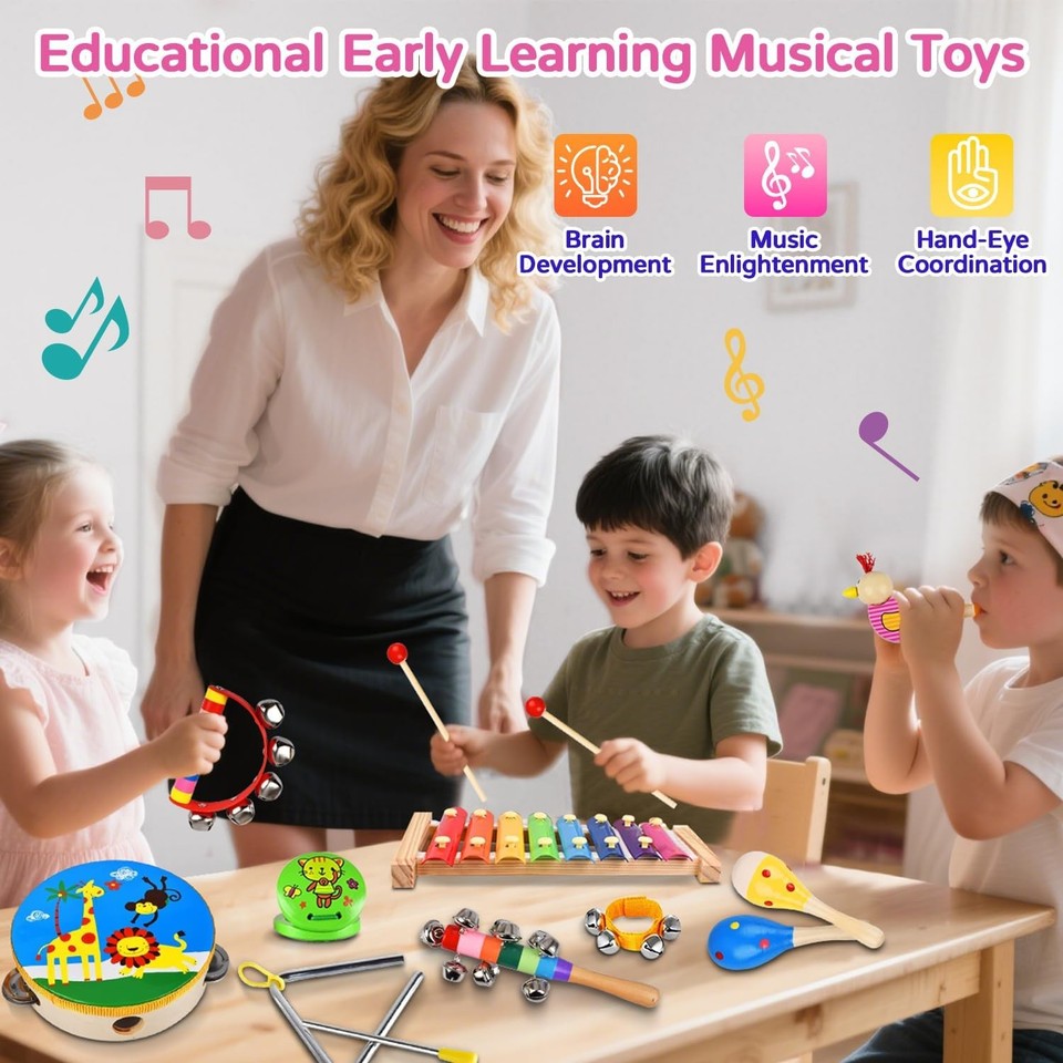 Kids Musical Instruments Set, 20 Pcs Toddler Wooden Percussion ...