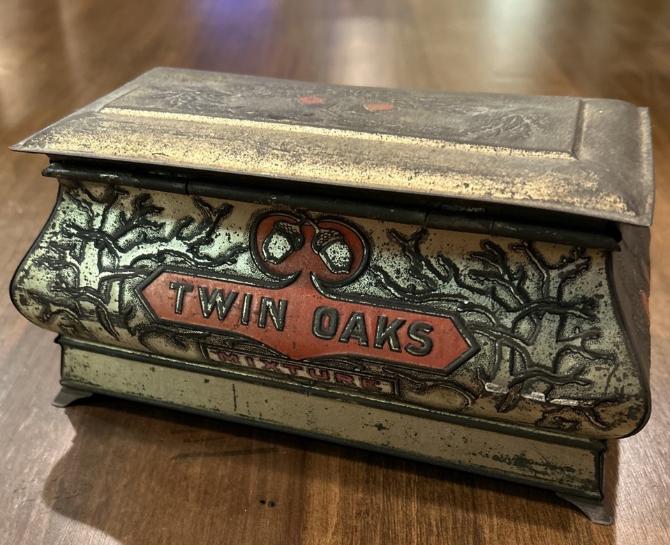 VINTAGE TWIN OAKS TOBACCO TIN HUMIDOR MIXTURE CASKET STYLE STASH BOX ...