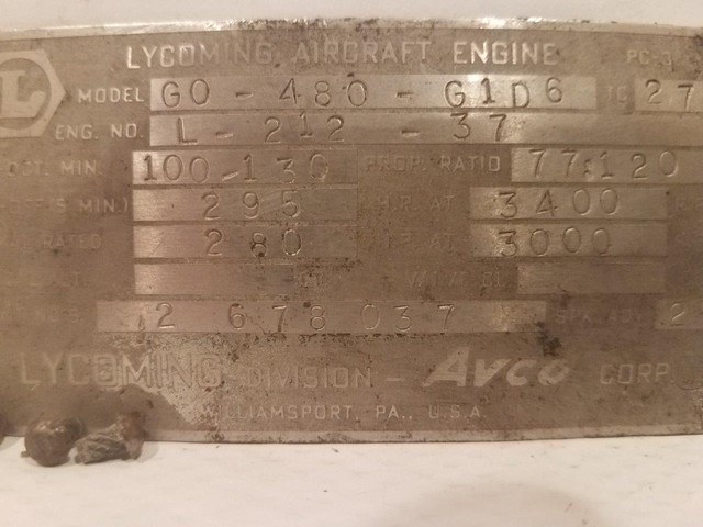 Avco Lycoming Aircraft Data Plate Model #G0-480-G1D6 Engine #RL-482-37 ...