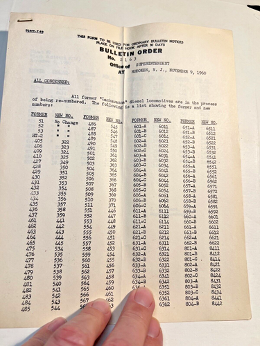 1960 Hoboken NJ Lackawanna Diesel Locomotive Re-Numbering Bulletin Order | eBay