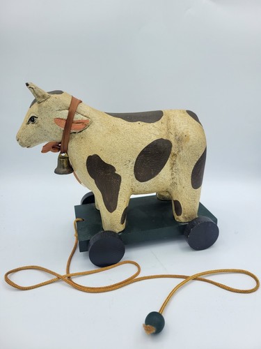 Vintage Primative Folk Art Wooden Cow pull toy on a Platform wheels ...