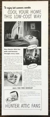 1952 Hunter Attic Fans PRINT AD Enjoy Summer Cool the Low Cost Way | eBay