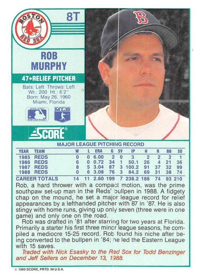 Rob Murphy 1989 Score Rookie/Traded #8T Red Sox ID:19146 | eBay
