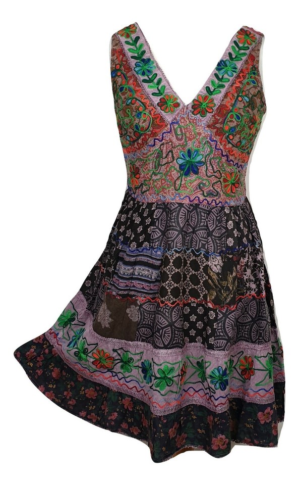 Plus Size Patchwork Dress Knee Length Embroidered Smocked Back One Size ...