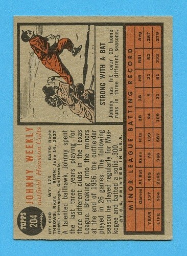 1962 TOPPS # 204 JOHNNY WEEKLY HOUSTON COLT .45s EX+ FREE SHIPPING | eBay