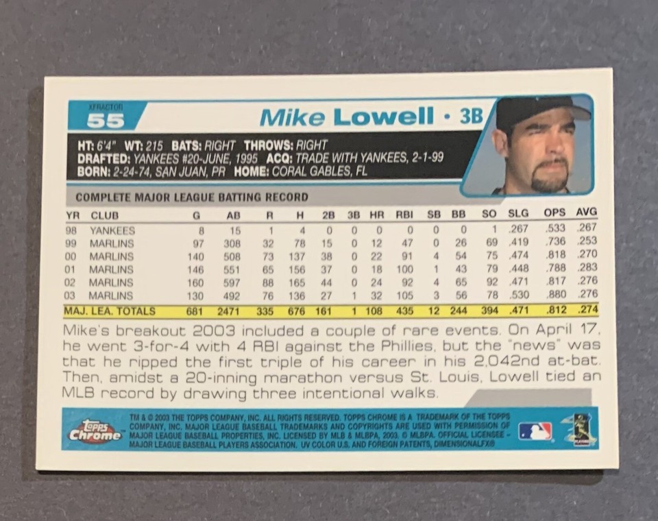 MIKE LOWELL / FLORIDA MARLINS / 2004 TOPPS CHROME #55 "RED XFRACTOR ...
