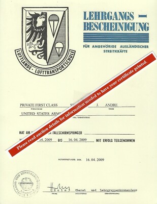German Jump School (Fallschirmspringer) Replacement Certificate | eBay