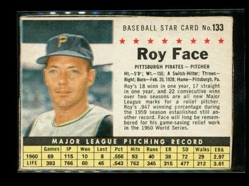 Vintage 1961 POST CEREAL Hand Cut Baseball Card #133 ROY FACE ...