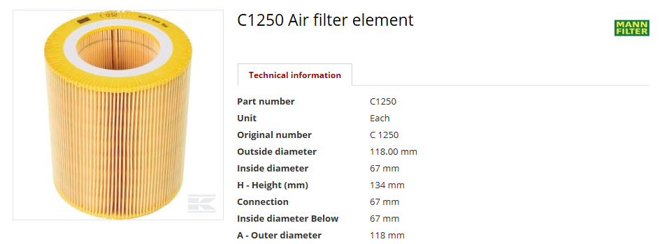 MANN AIR FILTER C1250 Air Compressor intake filter | eBay