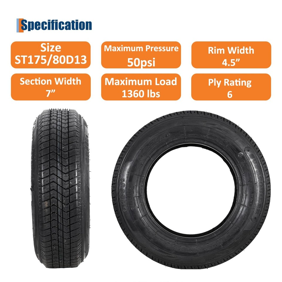 Set of 2 ST175/80D13 Trailer Tires 175 80 13 Trailer Tires, 6 Ply Load ...
