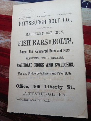 1875 railroad Print Ad PITTSBURGH BOLT COMPANY fish bar & bolts Frogs ...