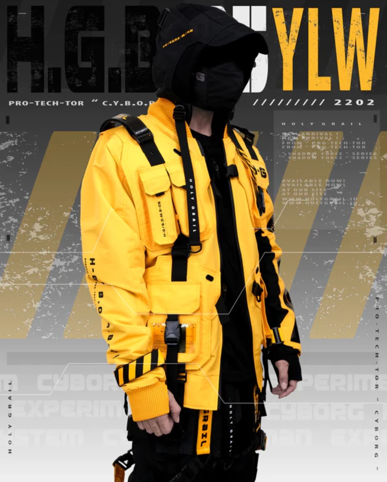 Men's Techwear Yellow Jacket Hoodie Full Zip Buckle Holygrail H.G.B-05 ...