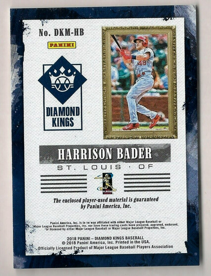 HARRISON BADER 2018 DIAMOND KINGS DUAL GAME WORN RELIC CARD #DKM-HB ...