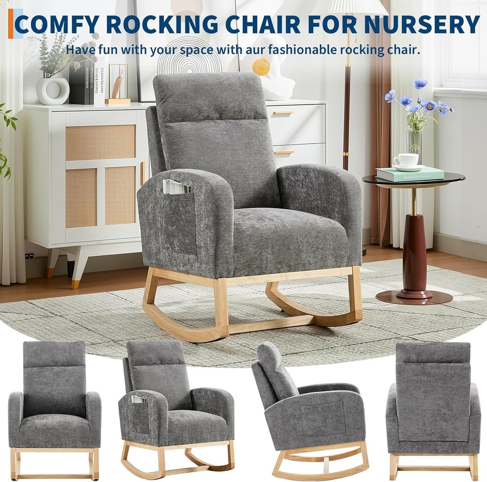 Modern Nursery Rocking Chair, Upholstered Glider Chair with High ...