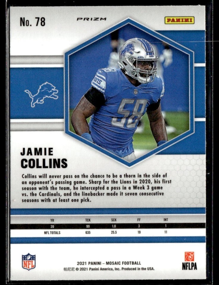 2021 Panini Mosaic Jamie Collins Mosaic Prizm #78 Detroit Lions | eBay
