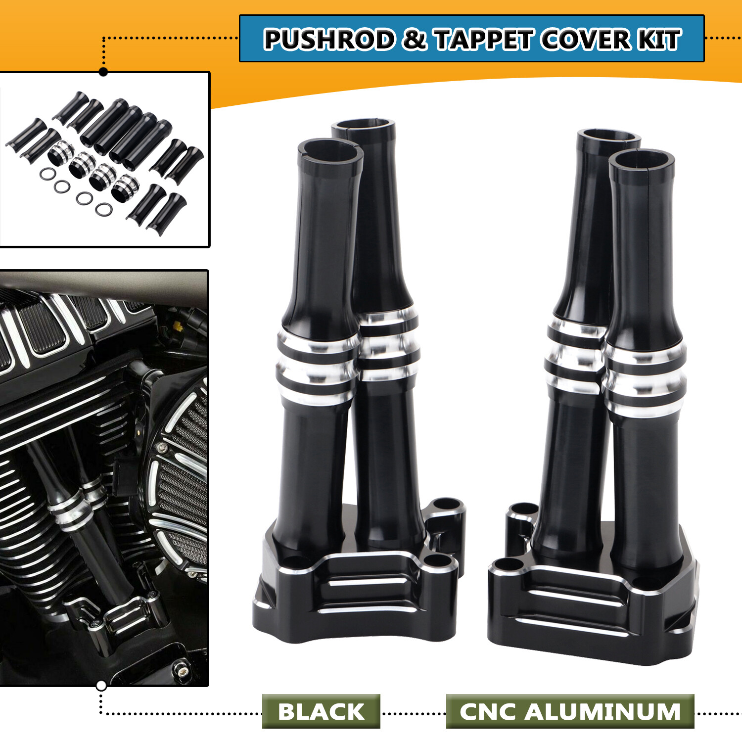 Black Pushrod &Tappet Cover Kit For Harley Softail Street Electra Glide ...
