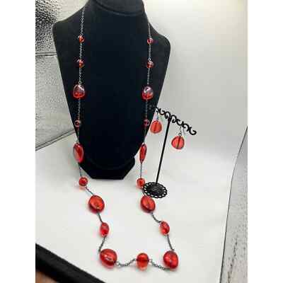Red Transparent Beaded Gun Metal Gray Chain Necklace & Earrings! | eBay